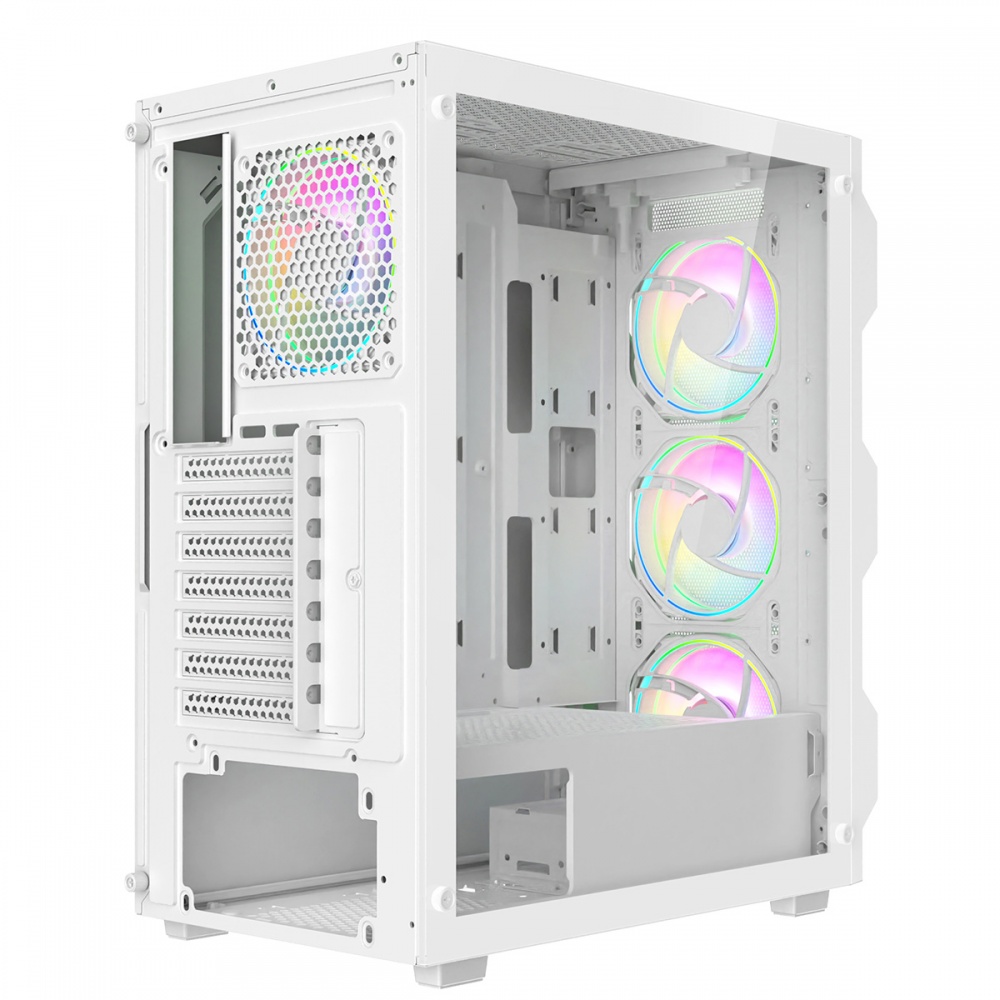 CIT Neo White ATX Gaming PC Case 4X Dual-Ring Infinity Fans Mesh Front ...